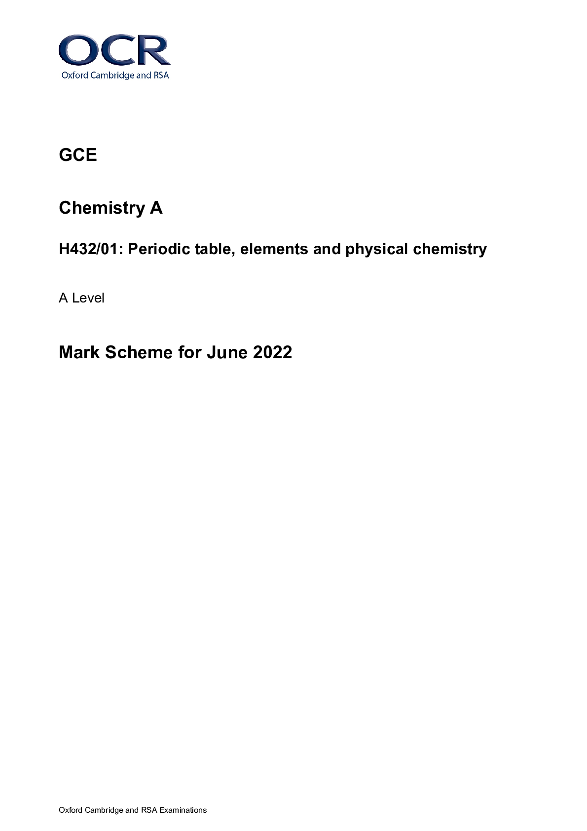 OCR A Level Chemistry A H432/01 Periodic table, elements and physical chemistry June 2025 ...